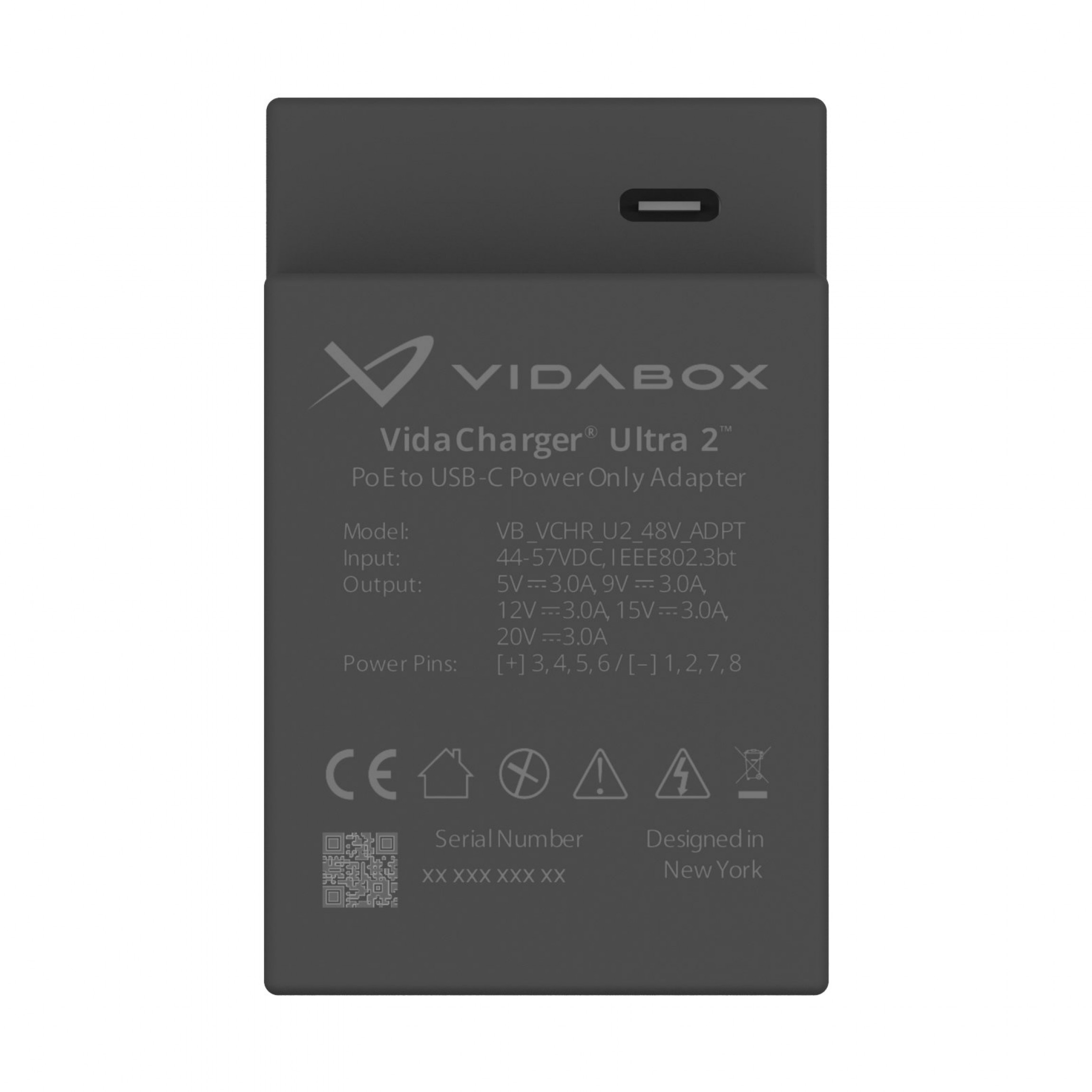 48V VidaCharger Ultra 2: 802.3bt CAT5/PoE++ to USB-C Power Adapter